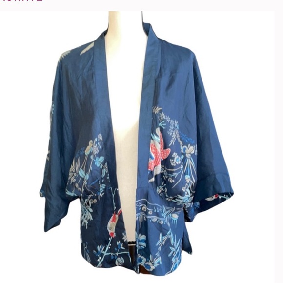 Jackets & Coats | Zara Kimono Duster Navy Blue With Japanese Print ...